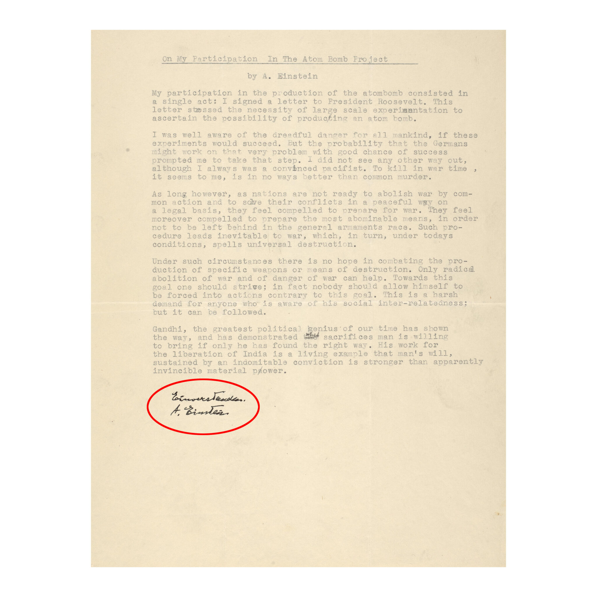 Einstein’s signed letter about regrets over his role in the atomic bomb ...