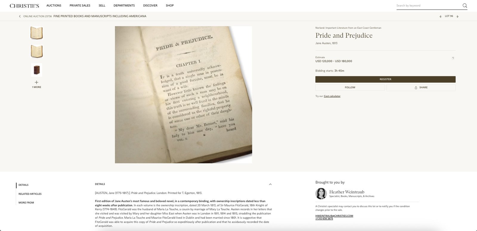 First edition of Pride and Prejudice expected to fetch up to £133,300 ...